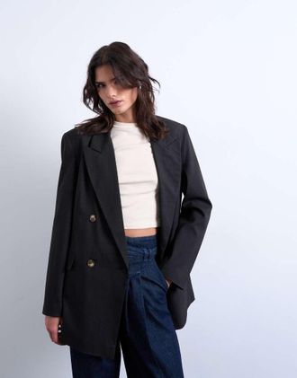 Topshop Zweireihiger Oversize-Blazer in dunklem Schokobraun mit dezenten Nadelstreifen, Kombiteil-Brown