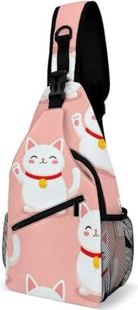 Generic Sacoche Tactique Chat porte-bonheur japonais, chats gros et dr&ocirc;les roses Casual Sling Sac &agrave; Bandouli&egrave;re Multifonction Sling Sac &agrave; Dos pour Camping Cyc