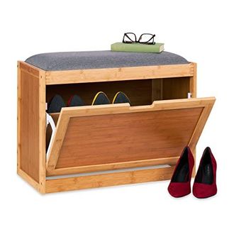 Relaxdays Range-Chaussures, Large Assise, Rangement, entr&eacute;e et Couloir, 2 Compartiments r&eacute;glables, Bambou, Nature-Gris