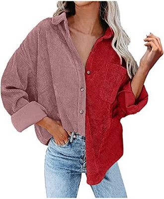 Generic Vestes pour femmes 2026 en velours c&ocirc;tel&eacute; boutonn&eacute;e boyfriend veste &agrave; manches longues &eacute;pissure veste dames automne/hiver d&eacute;contract&eacute;, Rouge, XL