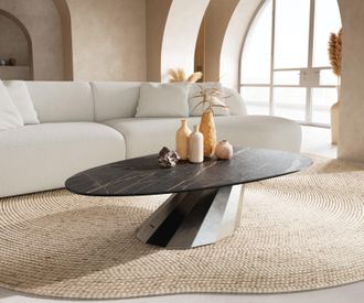 DELIFE Couchtisch Edge Oval 140x75 cm Keramik Laminam Noir Desir Braun Parabi Edelstahl geb&uuml;rstet, Couchtische