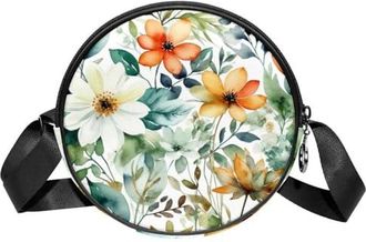 Generic Petit sac &agrave; bandouli&egrave;re circulaire pour femme, motif feuilles florales, sac &agrave; dos avec fermeture &eacute;clair, bretelles r&eacute;glables, sac &agrave; main rond d&eacute;contra