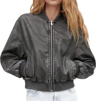 ORANDESIGNE Veste Courte en Cuir PU Femme Motard Blouson Bomber Blouson Outwear Zippé Couleur Unie Court Jacket Court avec Poches Automne Hiver Manteau de Moto D 