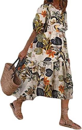 ORANDESIGNE Robe Femme Ete Bohème Grande Taille Chic et Elegant Rétro Mode Robe Ample Vintage Robe De Plage Décontracté Floral Boho Dress F Jaune 3XL