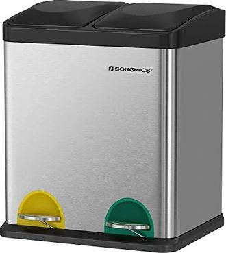 Songmics Poubelle de recyclage 30 L, seau de tri avec pétales, en acier, 2 x 15 L, seau intérieur amovible, pétales colorés, pour cuisine, salon, argent et noi