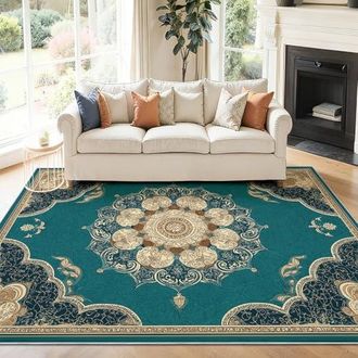 Generic Tapis Salon Fleurs R&eacute;tro, Moquette Lavable en Machine avec Dessous Antid&eacute;rapant, Tapis D&eacute;coratif pour Chambre Cuisine Entr&eacute;e et Maison, Turquoise, 160