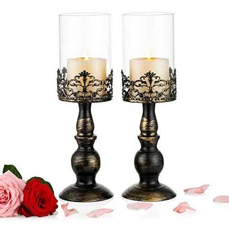 Nuptio 2 Pi&egrave;ces Bougeoirs Vintage pour Tables Noir Pilier Bougeoir avec Couvercle D&eacute;cran en Verre, Affichage de Chandelier Antique Ouragan pour la D&eacute;coration