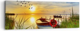 Arttor Bilder auf Leinwand Boot See Sonnenuntergang Sommer Menschen Leinwandbild 90x30cm Wandbilder Dekoration Wohnzimmer Schlafzimmer Klein Wanddeko Bild Wa