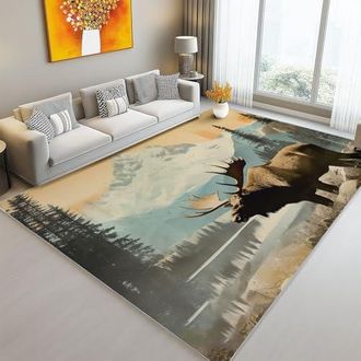 Generic Multicolore Lavable en Machine Tapis Salon Style am&eacute;ricain cerf Nature Sauvage, 140 x 200 cm Doux Tapis de Sol Pelucheux Dessous Antid&eacute;rapant, Entree 