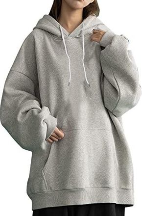 Generic Sweat &agrave; capuche gris pour femme - Pull &agrave; capuche pour femme grande taille - Tunique chaude avec cordon de serrage - &Eacute;paules tombantes - Poche g&eacute;ante -