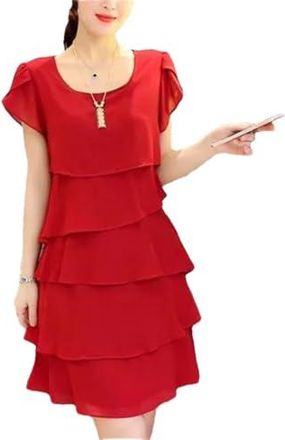 Generic Robe moulante à manches courtes et col rond en mousseline de soie pour femme, Rouge, XL