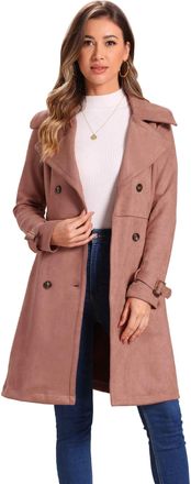 Allegra K Damen Trenchcoat Wildlederimitat Gekerbtem Revers Manschetten Zweireihig Bindeg&uuml;rtel Mantel Dunkelrosa L