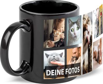 Tassendruck Schwarze Tasse zum selbst gestalten mit Foto-Collage für 8 Wunschfotos - Geschenk für Freunde zum Geburtstag, Weihnachten - Keramik, 300 ml | Personal