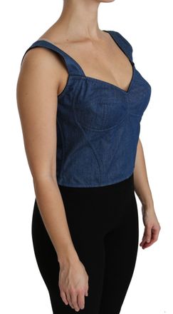 Dolce & Gabbana Womens Blue Sleeveless Bustier Blouse Cotton Top Nylon Elastane