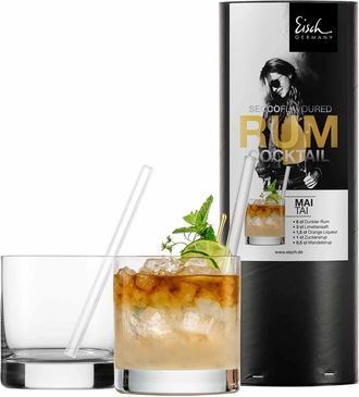 Eisch Gläser-Set Secco Flavoured für Rum Cocktail, 2 Whiskybecher mit Glastrinkhalmen in Geschenkröhre
