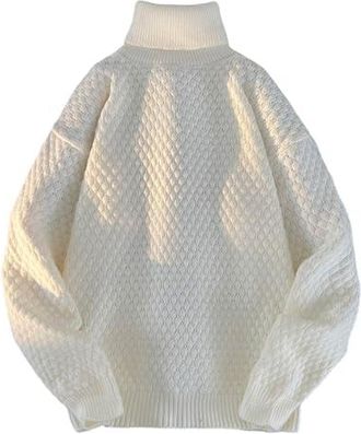 Generic Pull en tricot torsadé pour homme - Pull à col roulé coupe ajustée pull en tricot chaud couleur unie col roulé pull décontracté dhiver, blanc, XXL