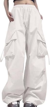 Generic Pantalon cargo surdimensionn&eacute; pour femme - Coupe ample - Taille &eacute;lastique - Cordon de serrage - Jambe large avec poches, blanc, XXL