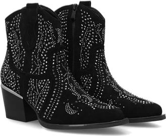 Shoes & Blues Botte pour femme avec style jean, détails brillants et fermeture confortable. Doublée de clous brillants, talon cubain., Noir, 41 EU