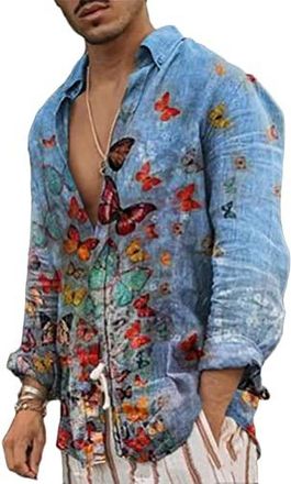 TOMWELL Homme Chemise en Lin Mode Casual Hommes Chemises Décontracté Col V Shirt Imprimé Haut Dété Manches Longues Slim Fit Chemise Vintage Ample Plage Classi