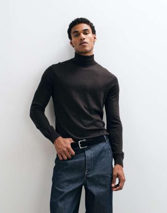 Mango pull en maille &agrave; col montant couleur chocolat-Marron