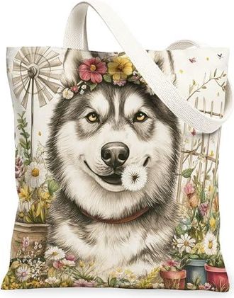 Generic Sac fourre-tout en toile r&eacute;utilisable avec motif de chien malamutes de lAlaska, 33 x 38,1 cm, motif chiot de campagne rustique, sac d&eacute;picerie pour fem
