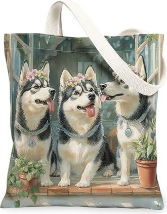Generic Sac fourre-tout en toile motif chien husky printanier 33 x 38,1 cm, sac r&eacute;utilisable &agrave; motif imprim&eacute; de plantes en pot pour femme, animal de compagnie
