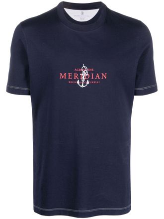 Brunello Cucinelli t-shirt en coton &agrave; logo imprim&eacute; - Bleu