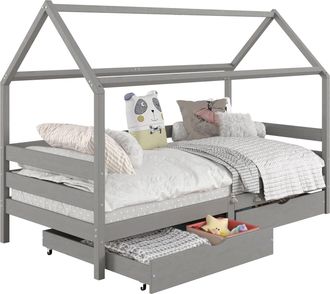 IDIMEX Hausbett CLIA Montessori aus massiver Kiefer, Kinderbett mit Dach, Tipi Bett mit 2 Schubladen in grau