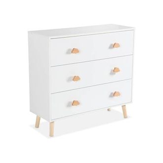 Sweeek Commode Enfant. d&eacute;cor Bois. Blanc. 3 tiroirs. Pieds et poign&eacute;es Nuage en pin