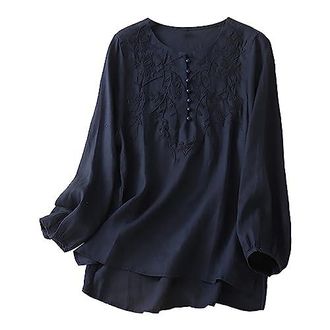 Generic Haut &agrave; manches longues d&eacute;contract&eacute; en coton et lin avec broderie florale vintage pour femme - Chemises chinoises d&eacute;t&eacute; boh&egrave;me confortables, bleu marine