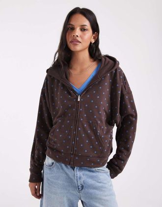 Hollister wendbarer Hoodie mit Rei&szlig;verschluss und braunem Punktemuster