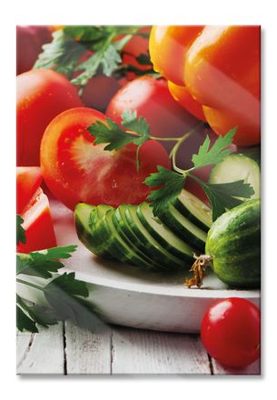 Pixxprint Glasbild, Wandbild aus Echtglas, Obst Gemüse Gurke Tomaten, 40x60 cm, inkl. Aufhängung und Abstandshalter