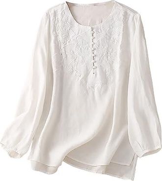 Generic Haut &agrave; manches longues d&eacute;contract&eacute; en coton et lin avec broderie florale vintage pour femme - Chemises chinoises d&eacute;t&eacute; boh&egrave;me confortables, blanc, XXL