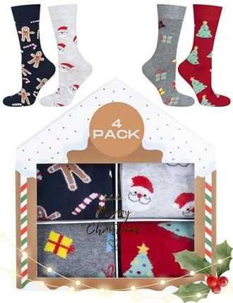Soxo Noel Chaussettes Homme Drole Cadeau Femme Fantaisie Idee Cadeaux Humour 40-45 4 Paires Coffret de Noël 2