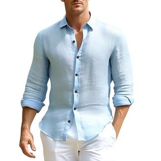 Generic Chemise formelle en lin &agrave; manches longues pour homme - Chemise boutonn&eacute;e en lin - Coupe ajust&eacute;e - Style d&eacute;contract&eacute; - Blanc - Col en V - T-shirt pour 