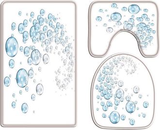 A.Monamour Badezimmer Badematte 3 Teilig Set Blaue Wasser Blasen Weiße Abstrakte Kunst Druck Toilettenkappen Abdeckungen Flanell Saugfähig Badteppiche Badvorlege