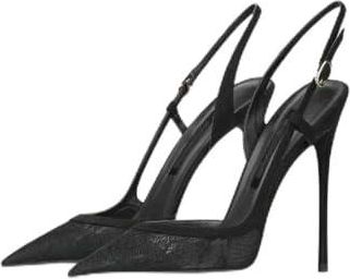 Generic YUJIEBB Sandales noires en maille en dentelle pour femme, talon pointu et fin, temp&eacute;rament confortable, sangle droite, sandales &agrave; bride arri&egrave;re, Noir 