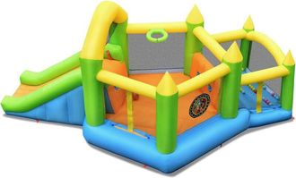Costway Aufblasbare H&uuml;pfburg mit Rutsche & B&auml;llebad & Basketballkorb, H&uuml;pfburgschloss Springburg Bouncer inklusive Tragetasche, Reparaturset, Erdspie&szlig;e 477 x