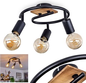 HOFSTEIN Deckenleuchte Maidford, runde Deckenlampe aus Metall/Holz in Schwarz/Natur, 3-flammig, mit verstellbaren Strahlern, 3 x E27-Fassung, Spot im Retro/Vin