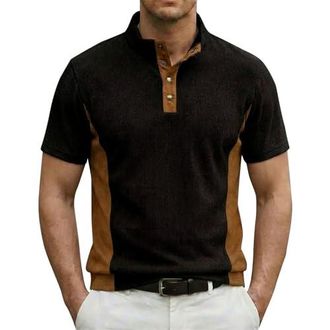 Generic T-shirts en velours c&ocirc;tel&eacute; pour homme &agrave; manches courtes et col montant demi-bouton - Pull tendance de couleur contrast&eacute;e - Grande taille - Doux et res