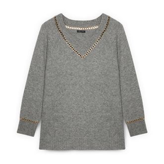 Fiorella Rubino Femme, Pulls, Gris, Taille: 44 FR Pull &agrave; col en V avec d&eacute;tails de cha&icirc;ne