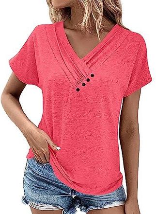 QUINTRA T-shirt décontracté pour femme avec col en V et manches courtes, plissé uni avec boutons, haut pour femme, Rouge pastèque., Medium