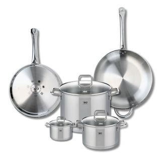 Fackelmann ELO 9509750 Batterie de cuisine 5 pièces, Ensemble de 2 Poêles de cuisson 28 et 32 cm et 3 faitouts 12, 20 et 26 cm Elo Profi Citrin, inox, induction