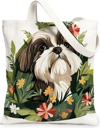 Generic Spring Shih Tzu Sac fourre-tout en toile pour faire du shopping 33 x 38,1 cm, sac d&eacute;picerie r&eacute;utilisable avec motif imprim&eacute; de plantes, fleurs, chiot 