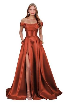 Generic Robes de bal en satin avec fente sans bretelles, corset trapèze, robes de bal à épaules dénudées, longues robes de soirée formelles avec poches, orang