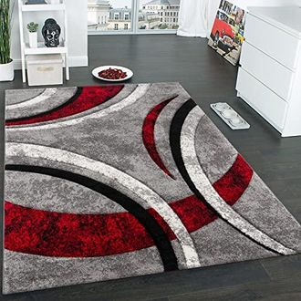Paco Home Tapis Design &agrave; Contours Motif Lign&eacute; Mouchet&eacute; Gris Noir Rouge Cr&egrave;me, Dimension:240x330 cm