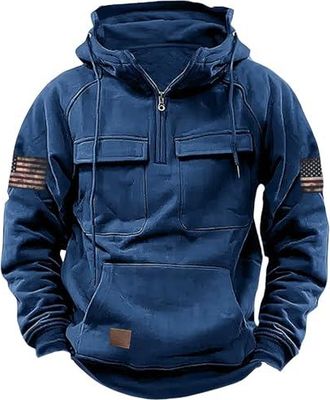 Generic Sweat &agrave; capuche cargo pour homme - Polaire unie demi-fermeture &eacute;clair imprim&eacute; drapeau sweat &agrave; capuche manches longues cordon de serrage poche kangouro
