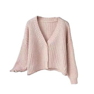 Generic Cardigan uni &agrave; manches courtes et &agrave; manches longues pour femme - Col en V - Boutonn&eacute;, rose, Taille Unique