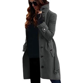 Generic Manteau caban mi-cuisse pour femme, robe-manteau &agrave; simple boutonnage, style trench, gris fonc&eacute;, grande taille