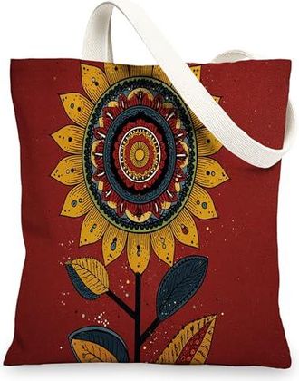 Generic Sacs fourre-tout en toile florale bohème, sacs à provisions réutilisables, légers et lavables avec bandoulière en toile B, Rouge, 13x15 Inch